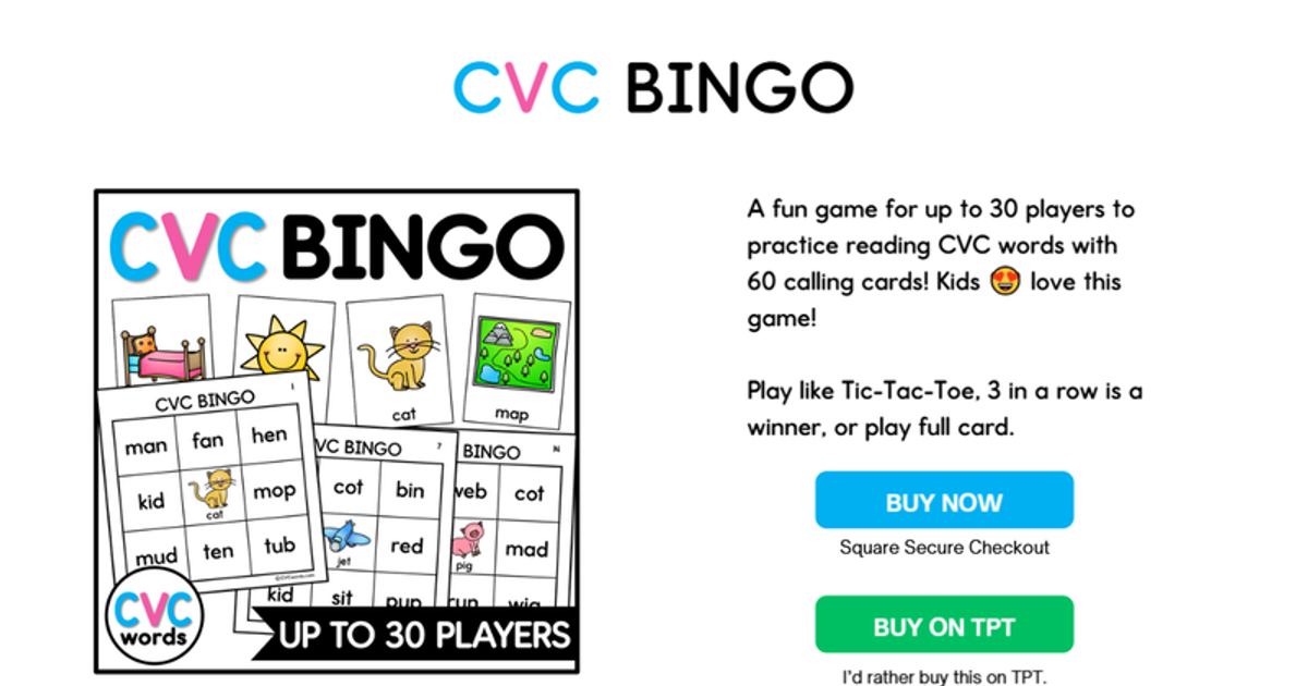 CVC BINGO Game Practice Reading CVC Words
